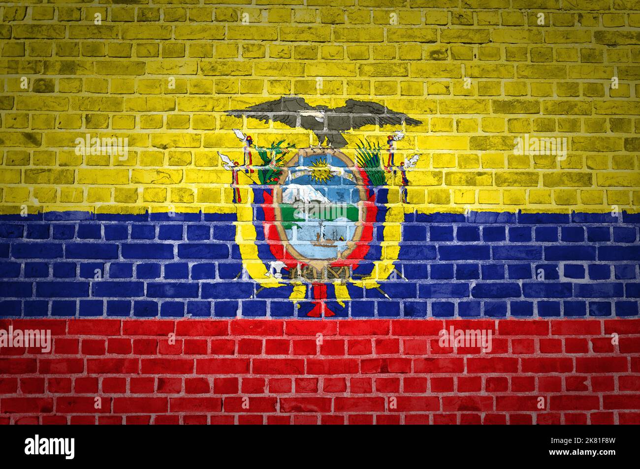 An image of the Ecuador flag painted on a brick wall in an urban ...