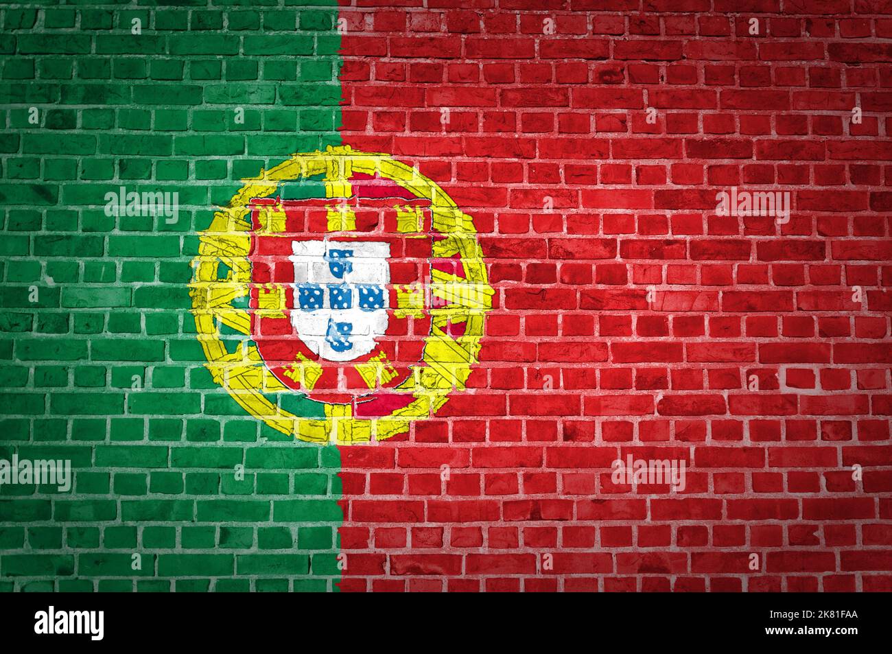 An image of the Portugal flag painted on a brick wall in an urban ...