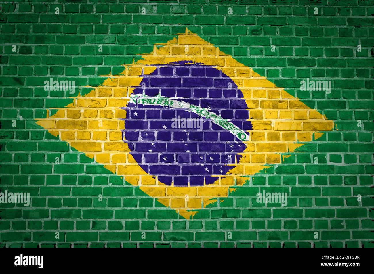 An image of the Brazil flag painted on a brick wall in an urban ...