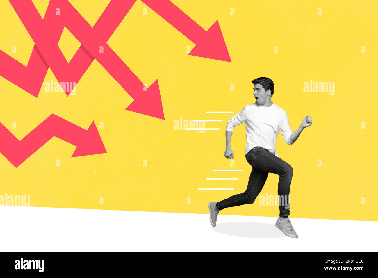 Creative photo collage illustration of handsome scared guy fast running ...