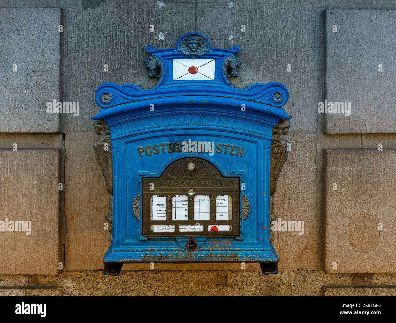 Historical Blue Mailbox, Main Post Office Potsdam, Brandenburg, Germany ...