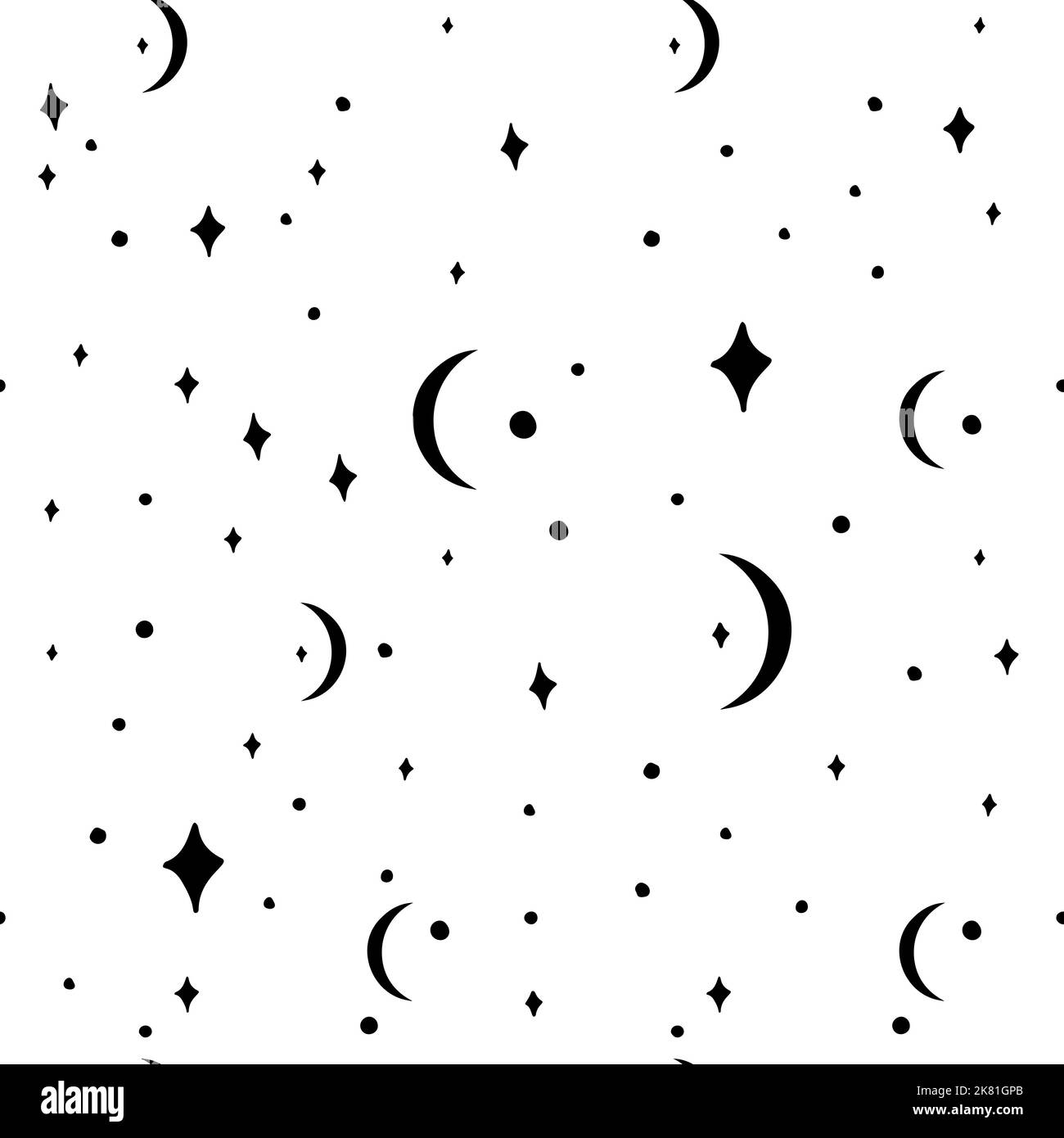 Monochrome seamless pattern with black stars and crescent moons on ...