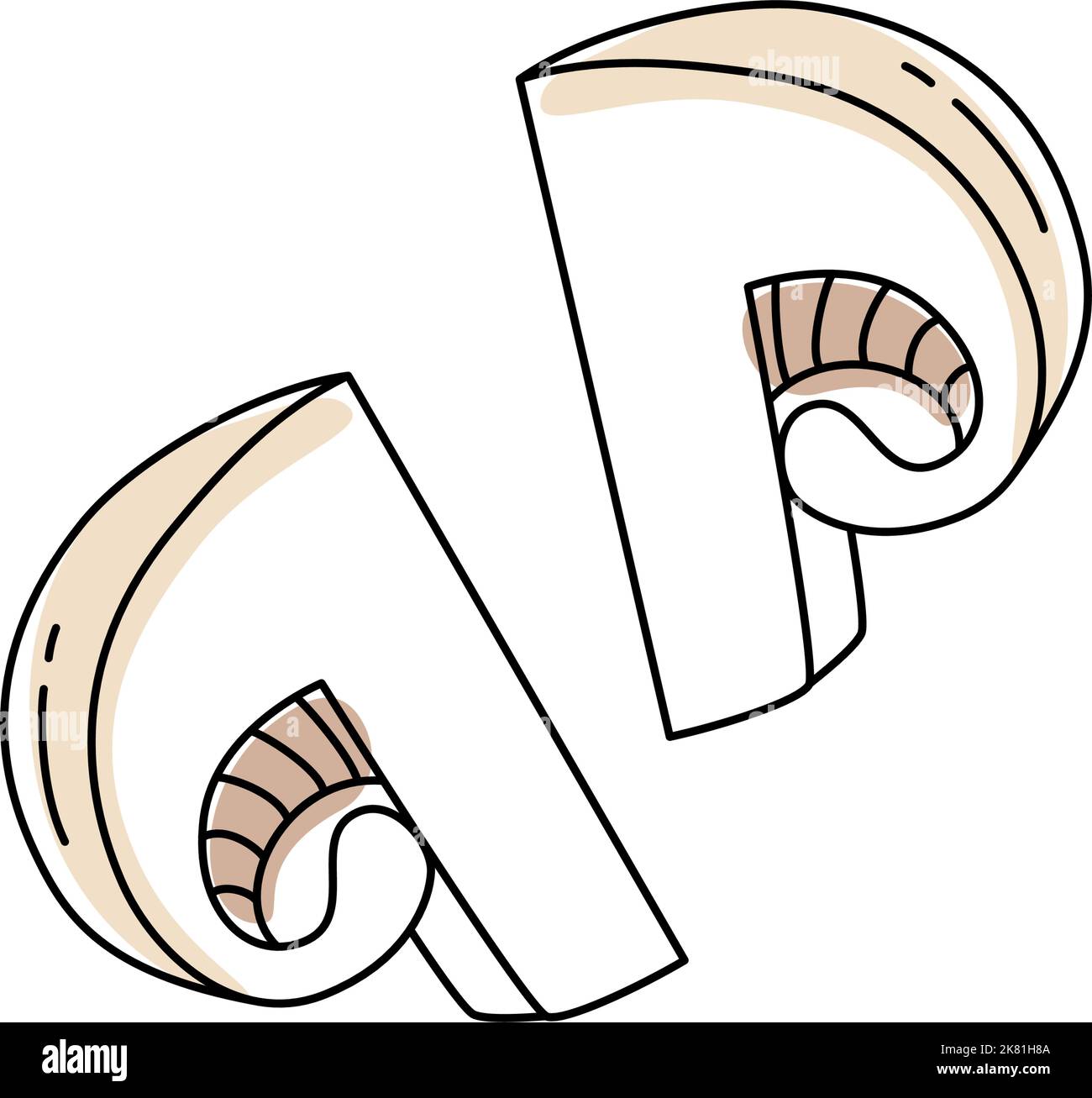 Doodle outline slice mushroom champignon with spot. Vector hand-drawn ...