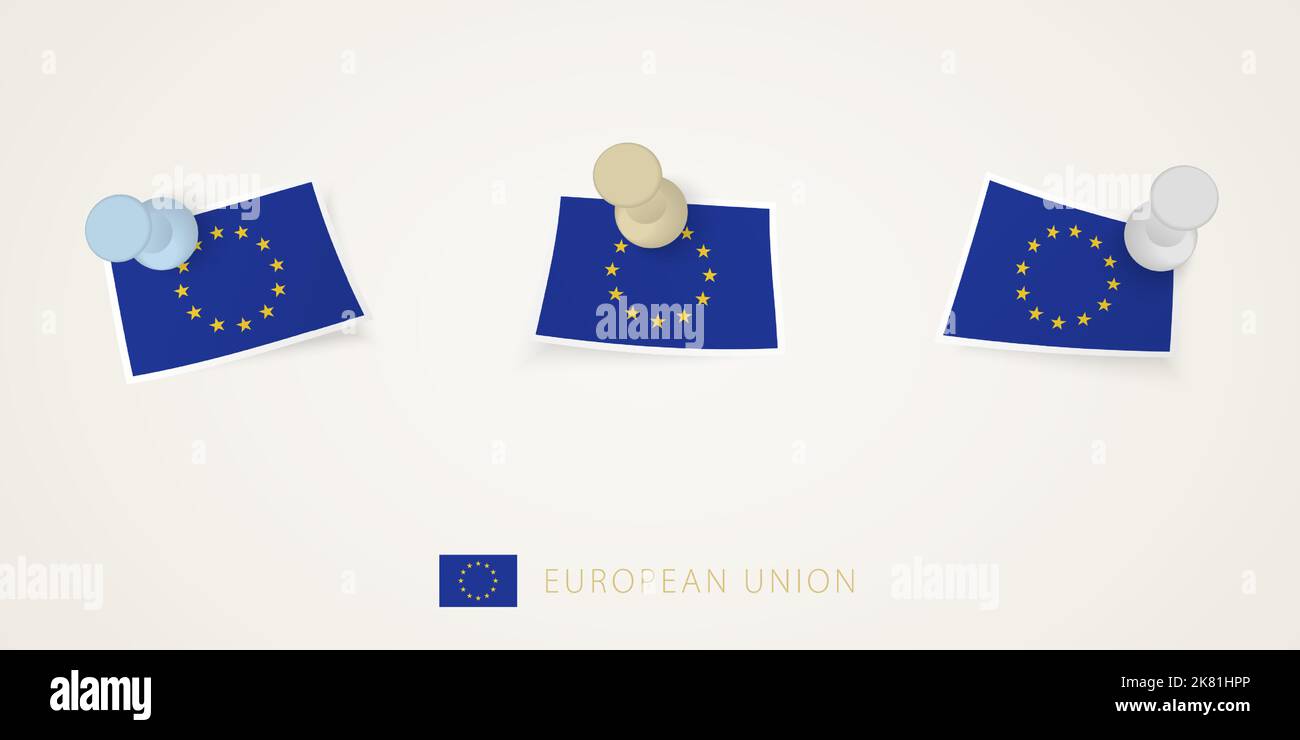 Pinned flag of European Union in different shapes with twisted corners ...