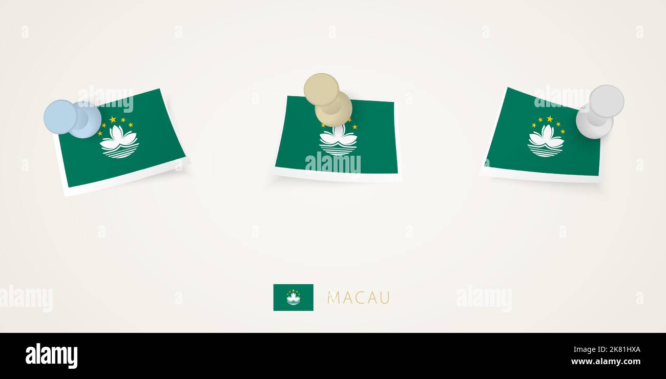 Pinned flag of Macau in different shapes with twisted corners. Vector ...