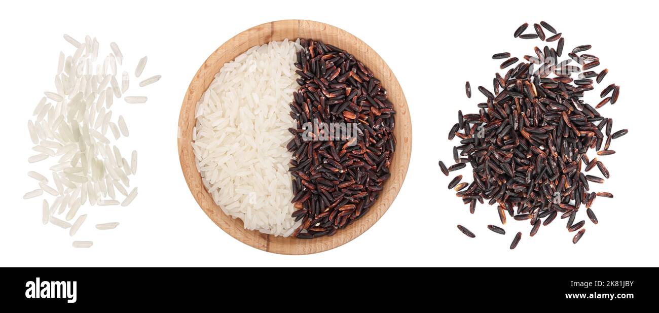 white and black rice grains in wooden bowl isolated on white background ...