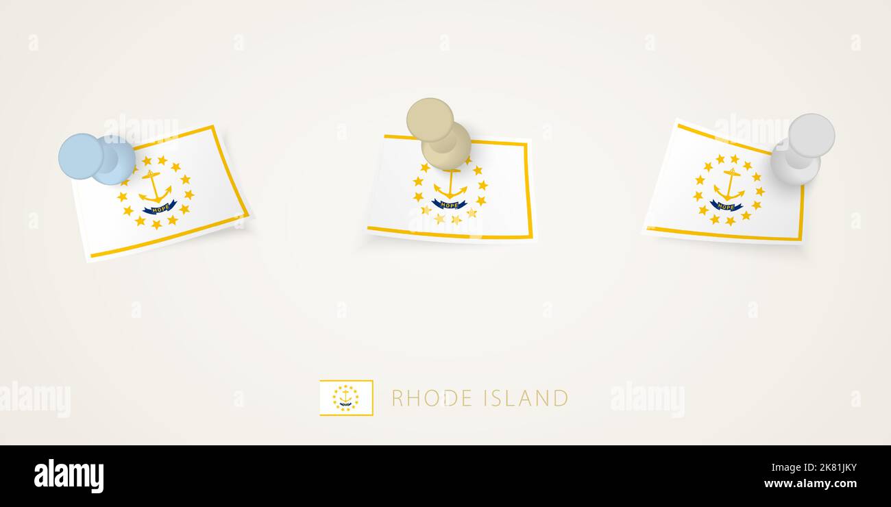 Pinned flag of Rhode Island in different shapes with twisted corners. Vector pushpins top view ...