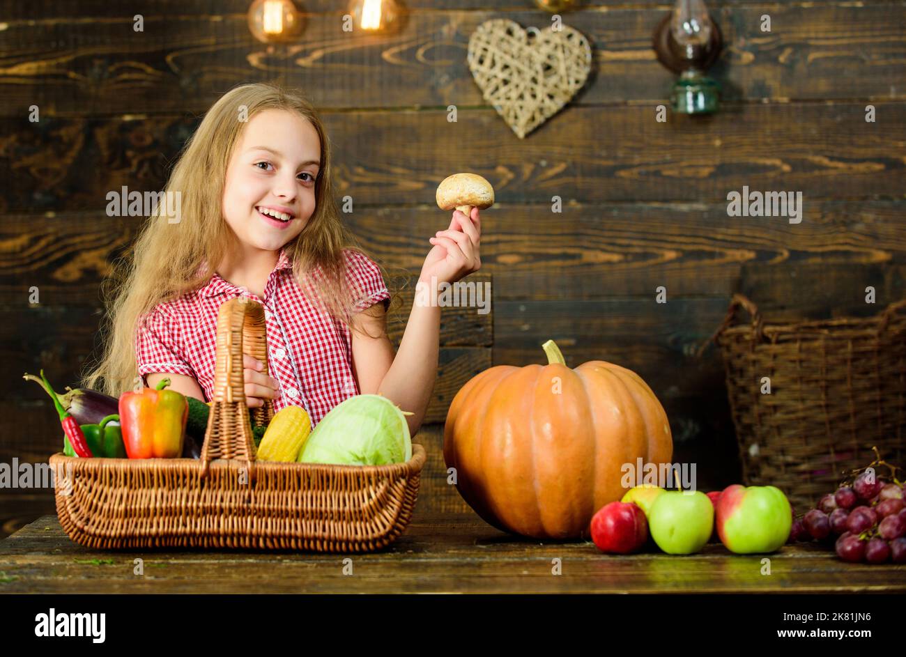 Harvest festival concept. Child girl presenting harvest of her ...