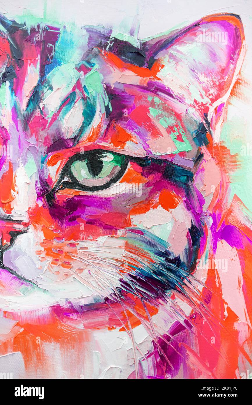 Oil cat portrait painting in multicolored tones. Conceptual abstract ...