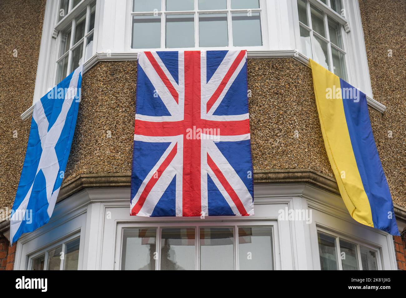 20 October 2022: Flags of Scotland Britain and Ukraine draped over a ...