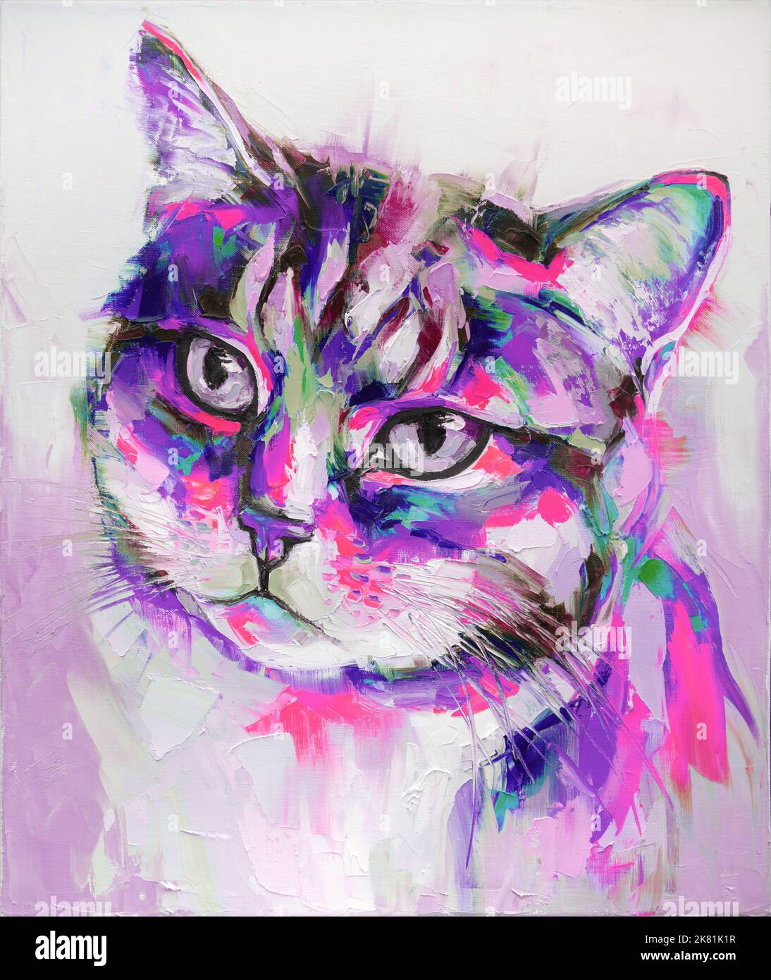 Oil cat portrait painting in multicolored tones. Conceptual abstract ...