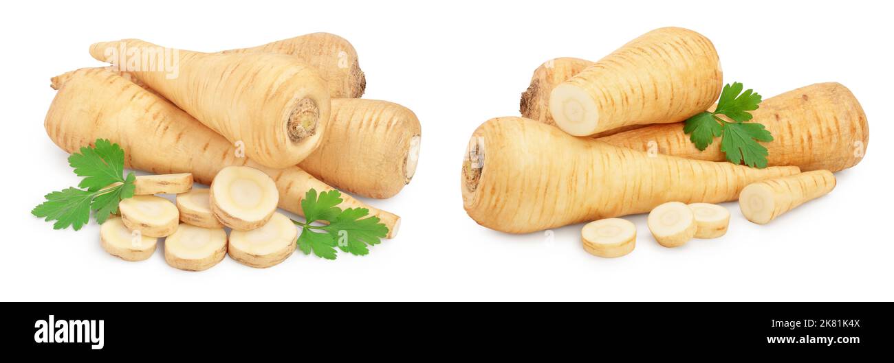 Parsnip root and slices with parsley isolated on white background Stock ...