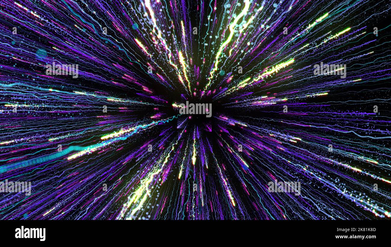 3D rendering of bright multi-colored particles fill the space with jets ...