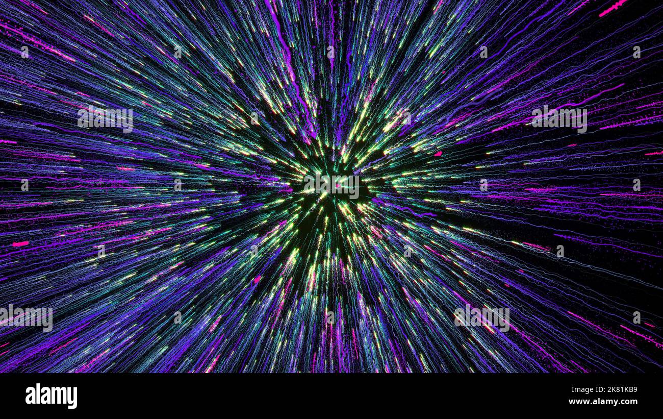 3D rendering of bright multi-colored particles fill the space with jets ...