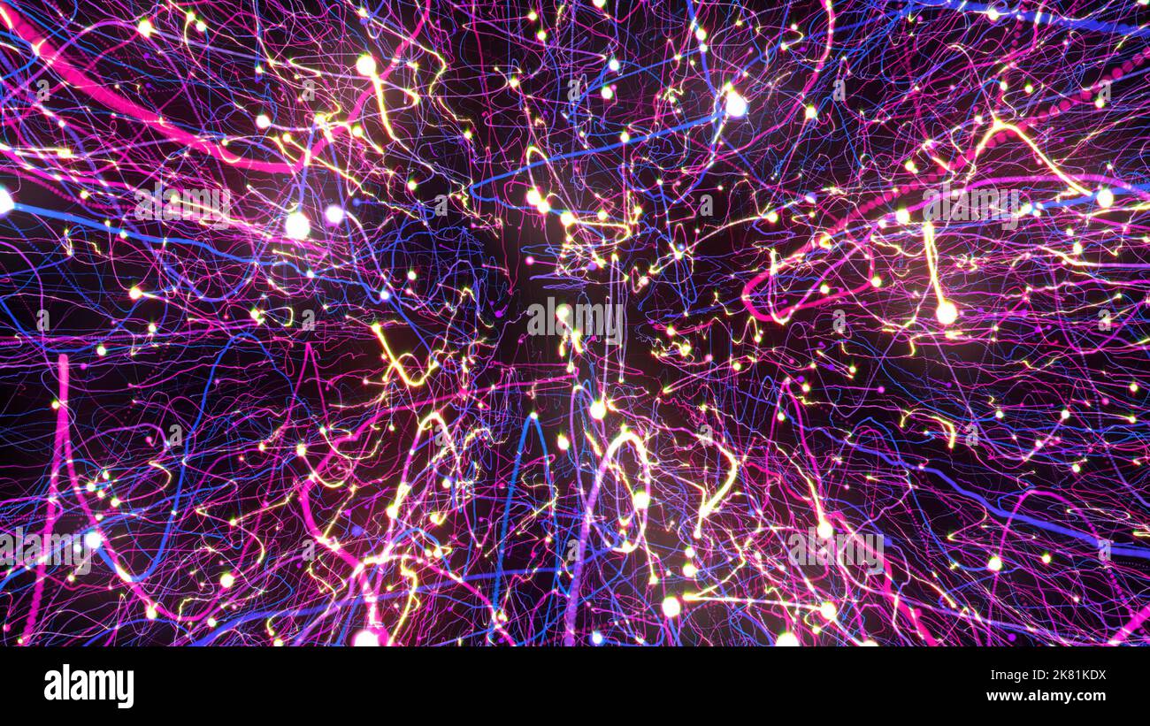 3D rendering of bright multi-colored particles fill the space with jets ...