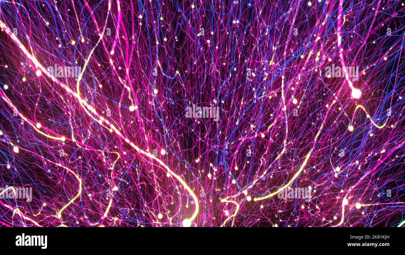 3D rendering of bright multi-colored particles fill the space with jets ...