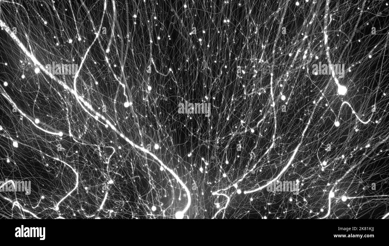 3D rendering of bright particles fill the space with jets of energy and ...