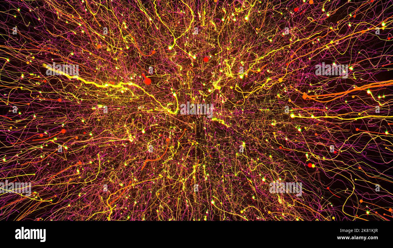 3D rendering of bright multi-colored particles fill the space with jets ...