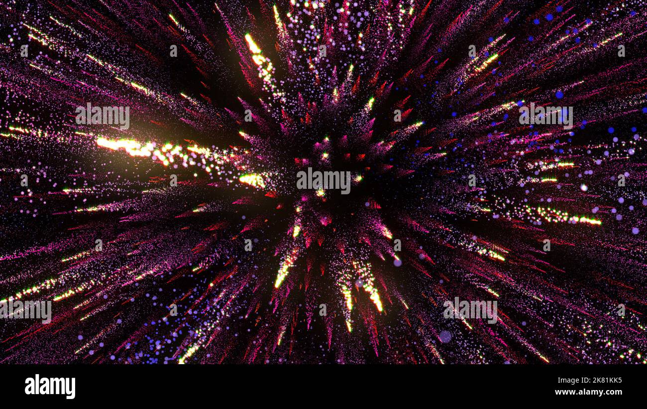 3D rendering of bright multi-colored particles fill the space with jets ...