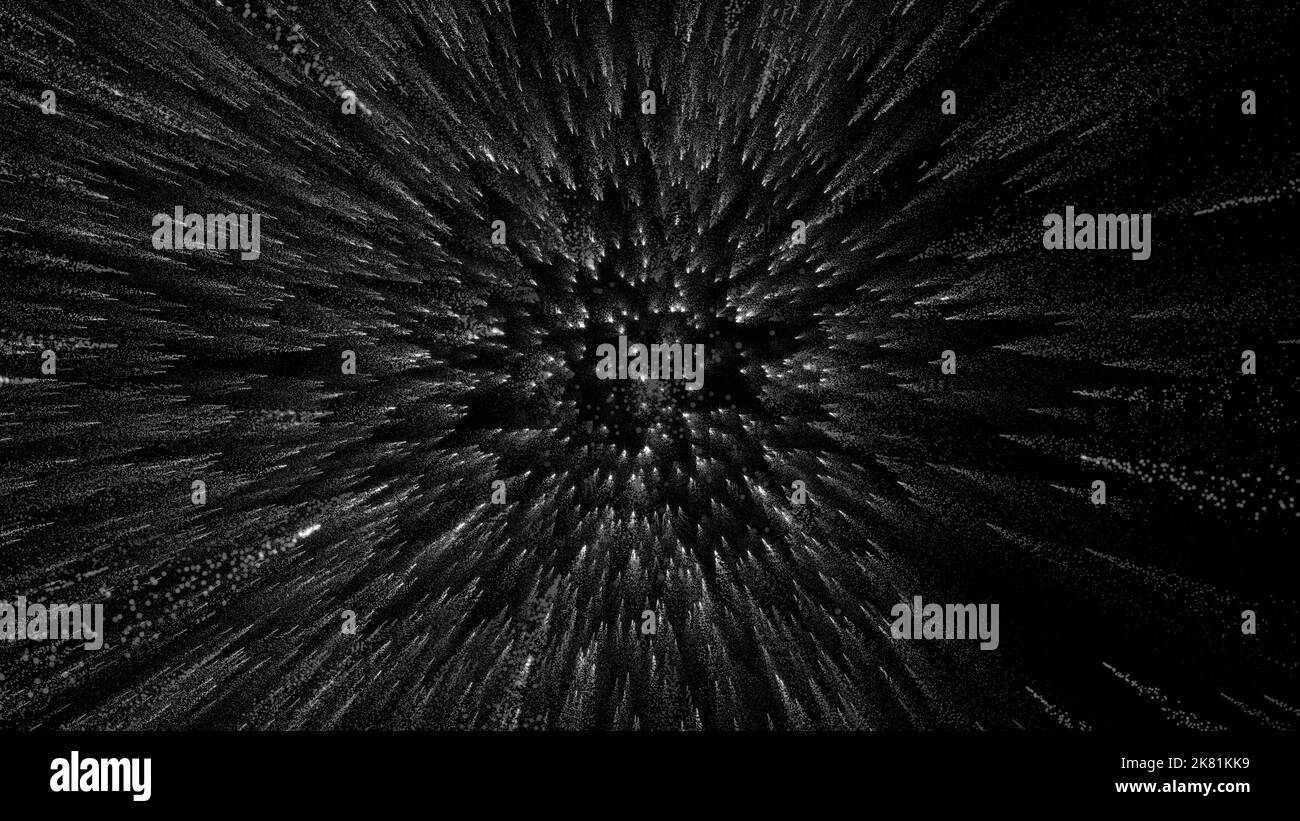 3D rendering of bright particles fill the space with jets of energy and ...