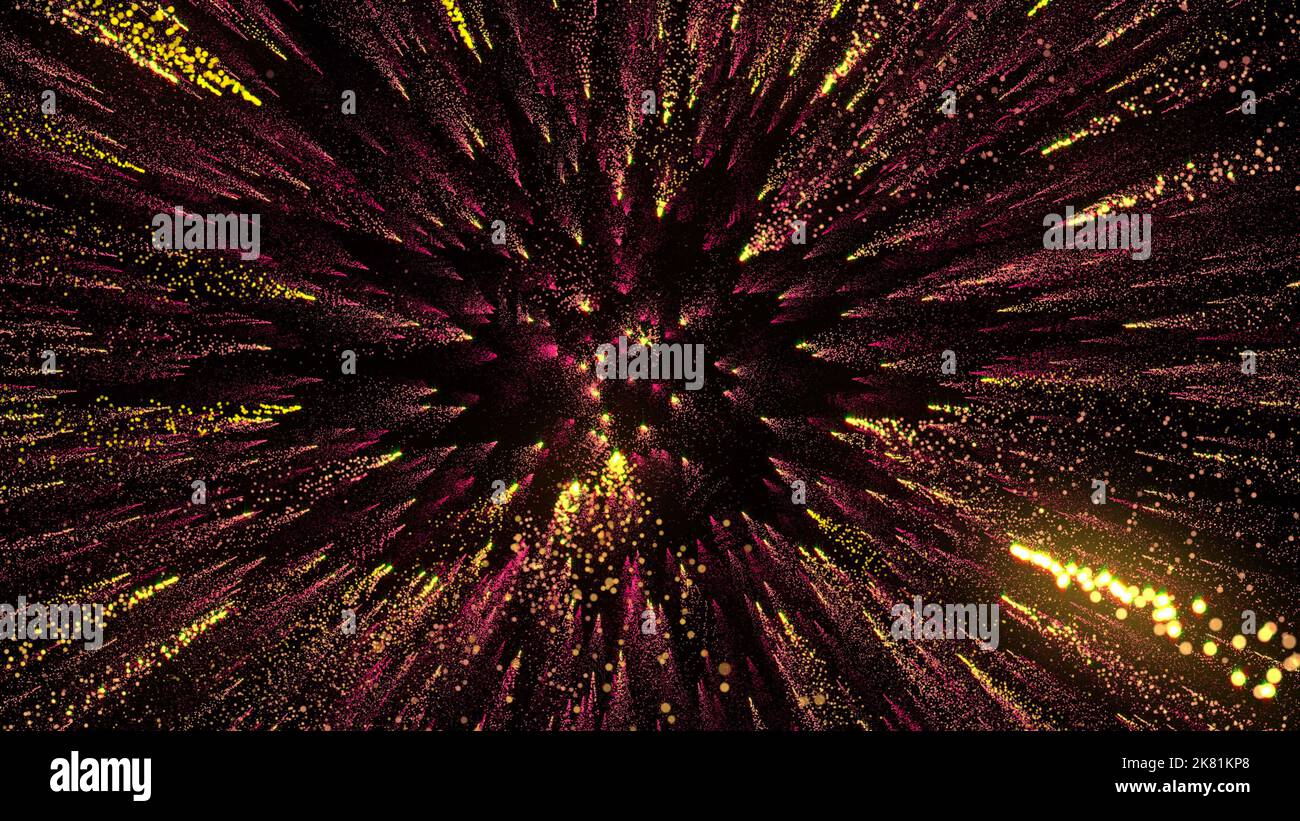 3D rendering of bright multi-colored particles fill the space with jets ...