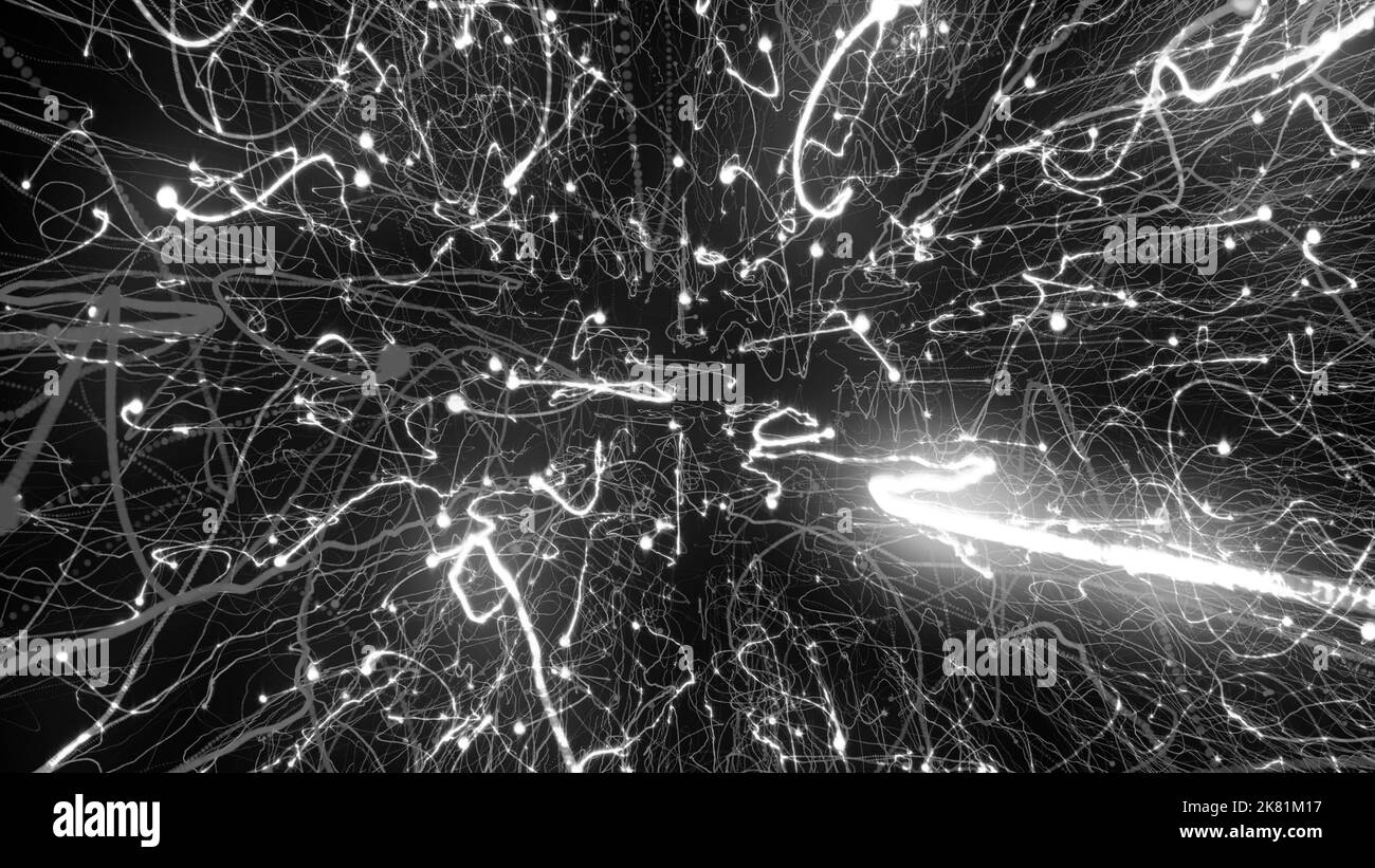 3D rendering of bright particles fill the space with jets of energy and ...