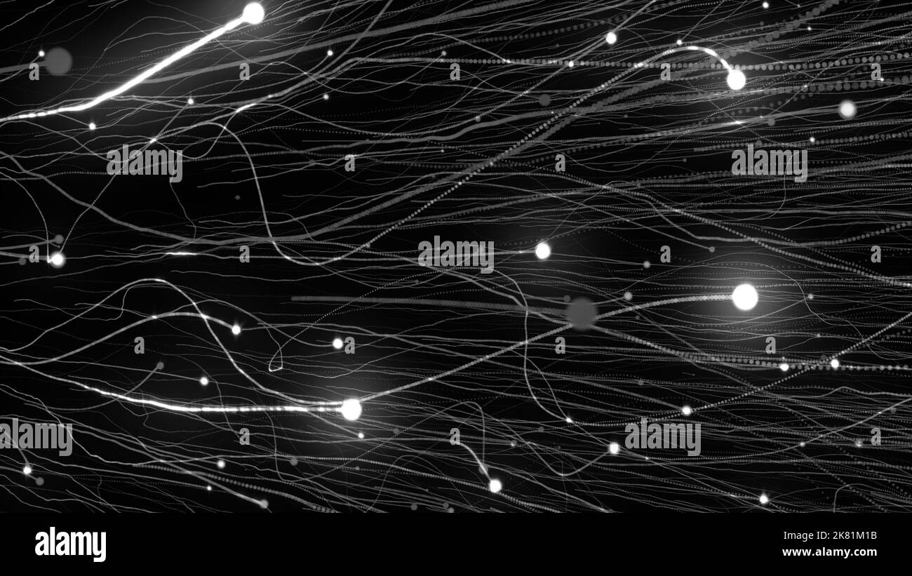3D rendering of bright particles fill the space with jets of energy and ...