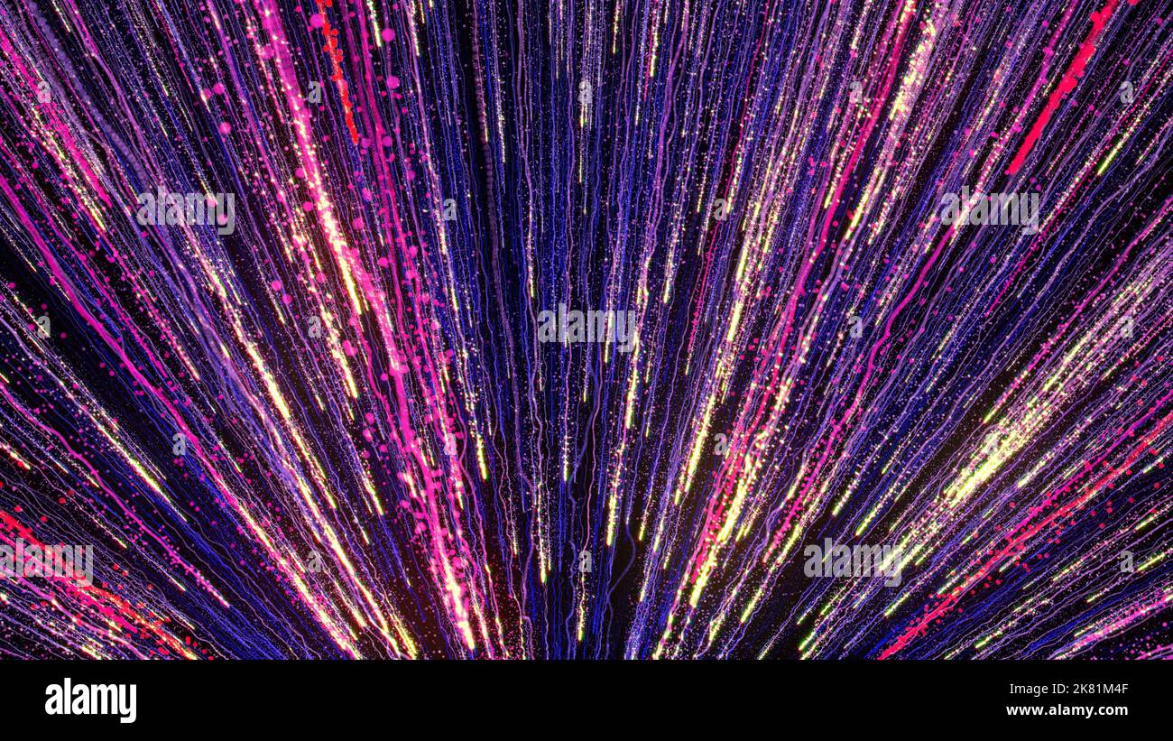 3D rendering of bright multi-colored particles fill the space with jets ...