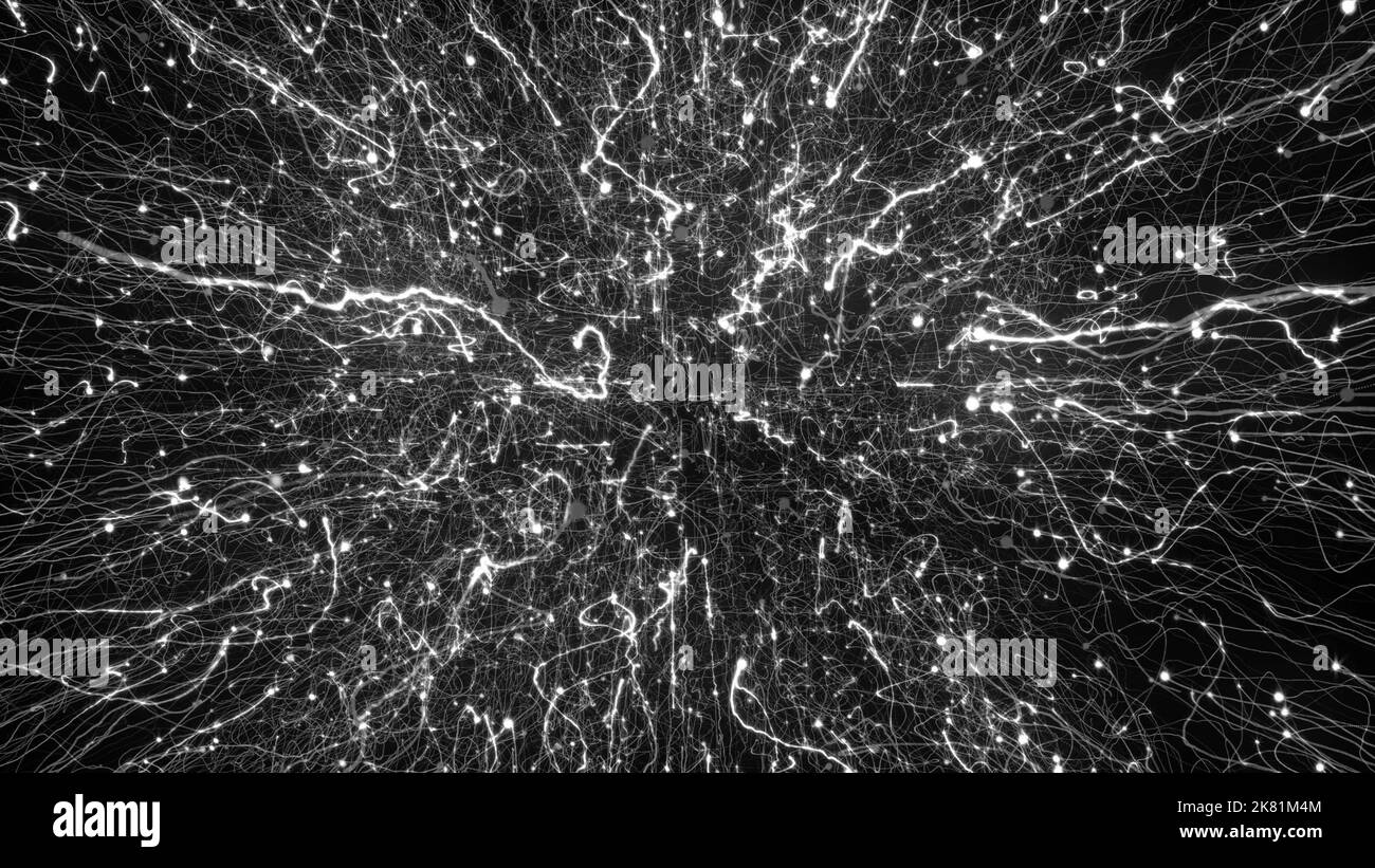 3D rendering of bright particles fill the space with jets of energy and ...