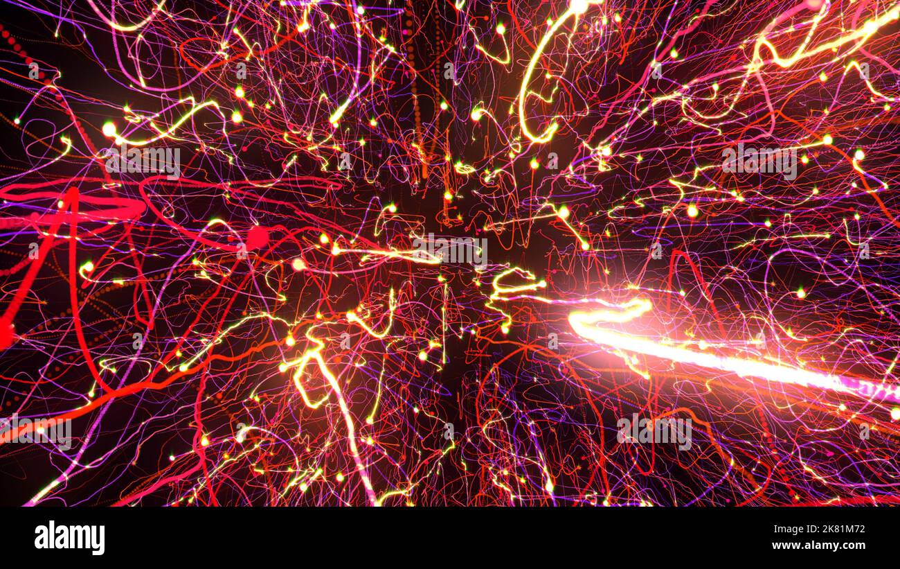 3D rendering of bright multi-colored particles fill the space with jets ...