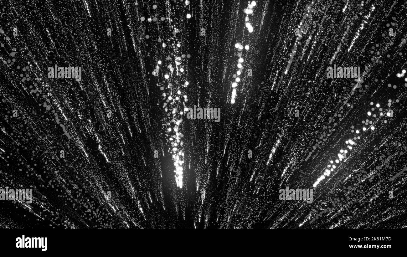 3D rendering of bright particles fill the space with jets of energy and ...