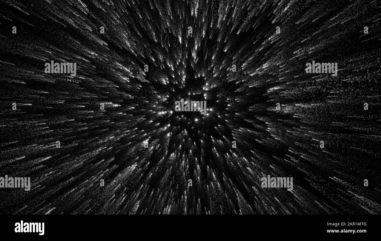 3D rendering of bright particles fill the space with jets of energy and ...