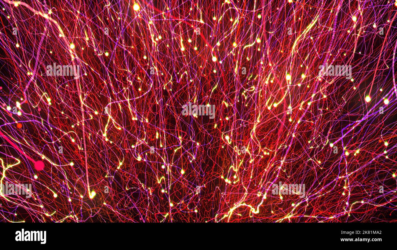 3D rendering of bright multi-colored particles fill the space with jets ...