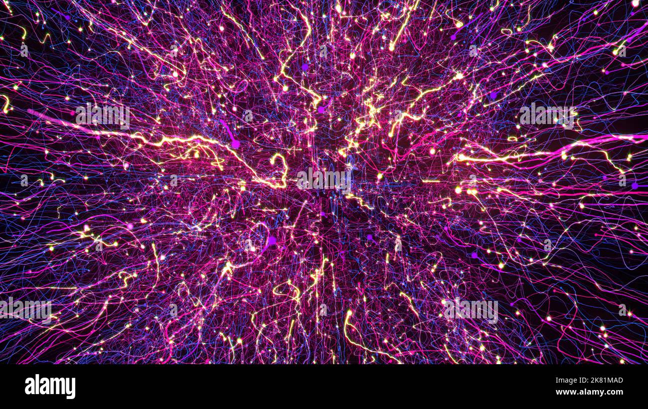 3D rendering of bright multi-colored particles fill the space with jets ...