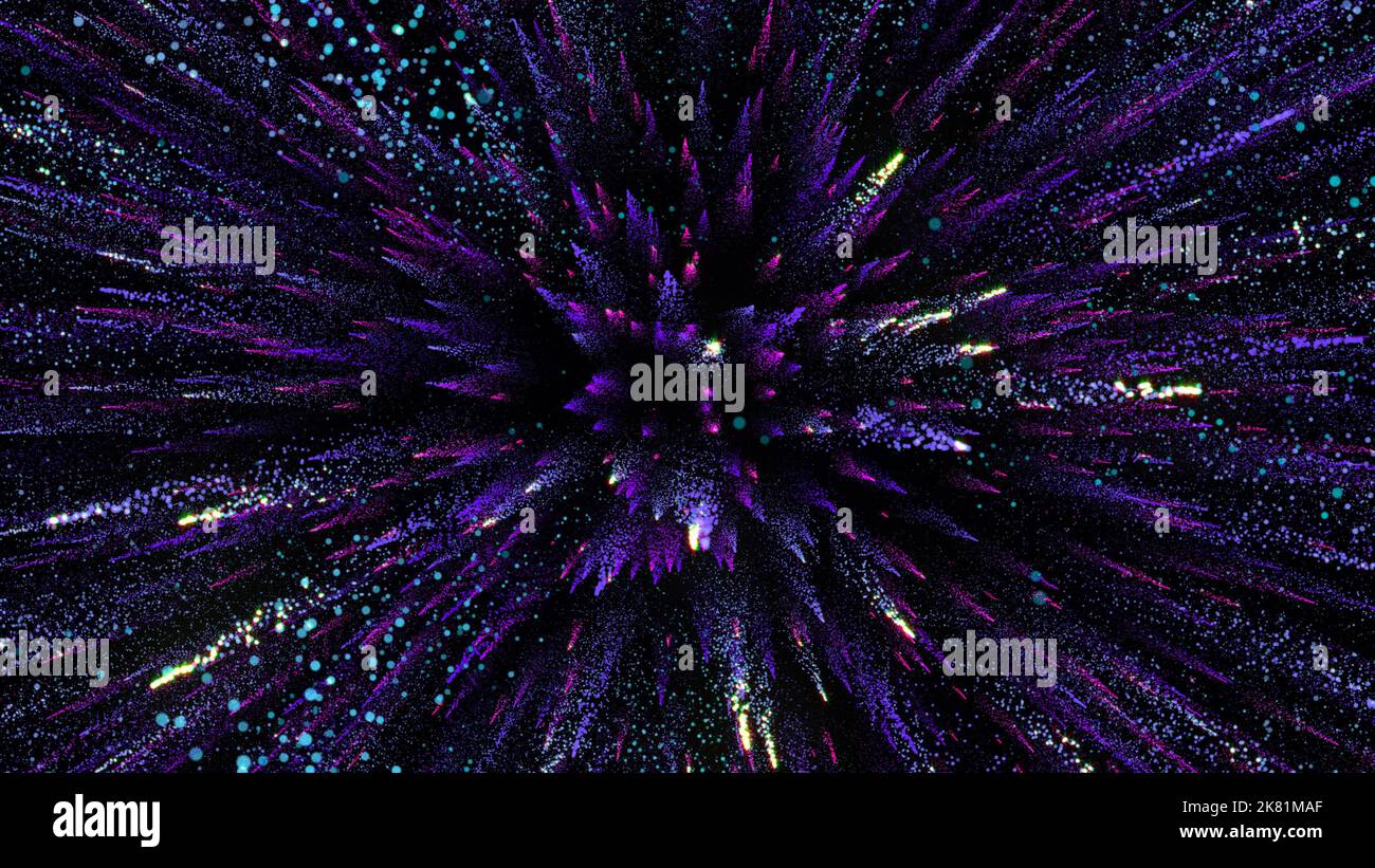 3D rendering of bright multi-colored particles fill the space with jets ...