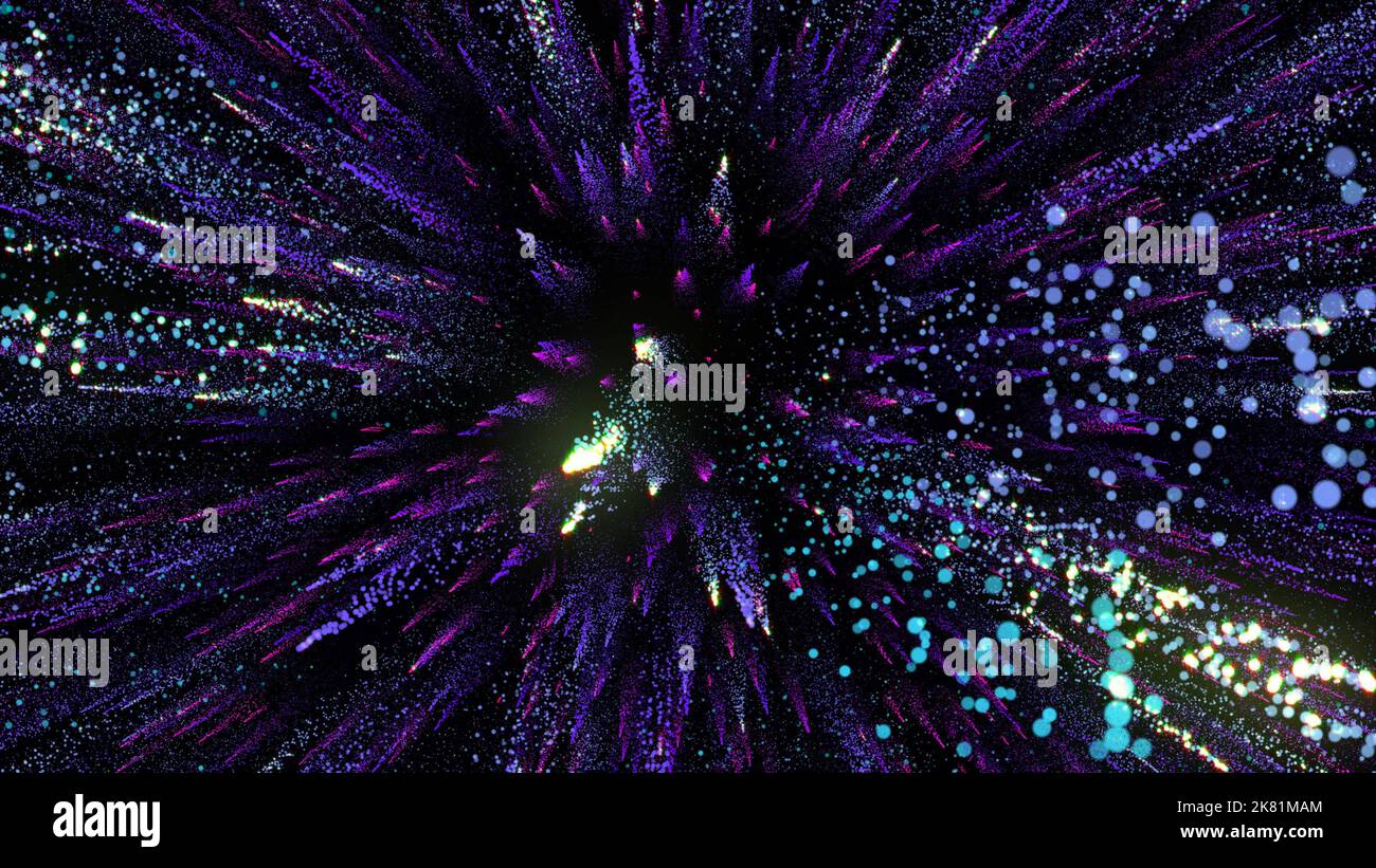 3D rendering of bright multi-colored particles fill the space with jets ...