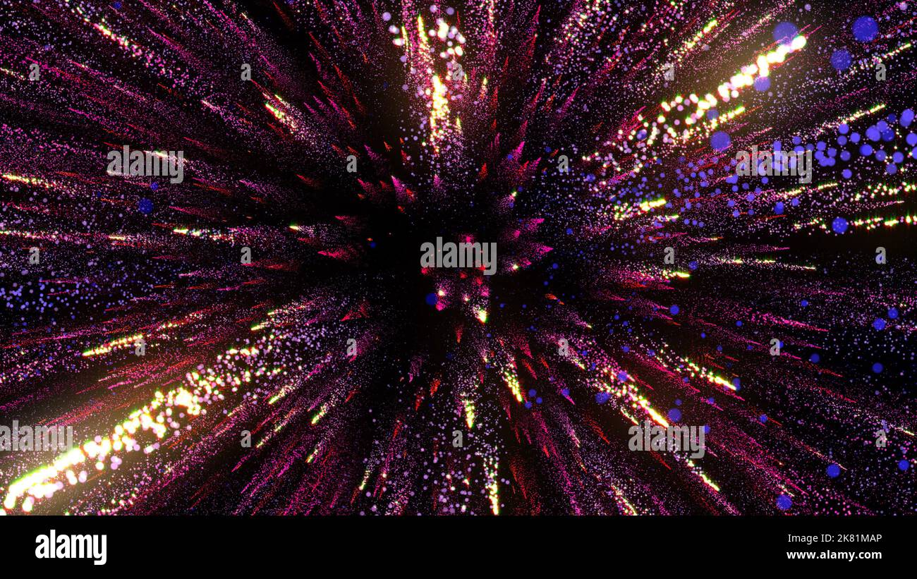 3D rendering of bright multi-colored particles fill the space with jets ...