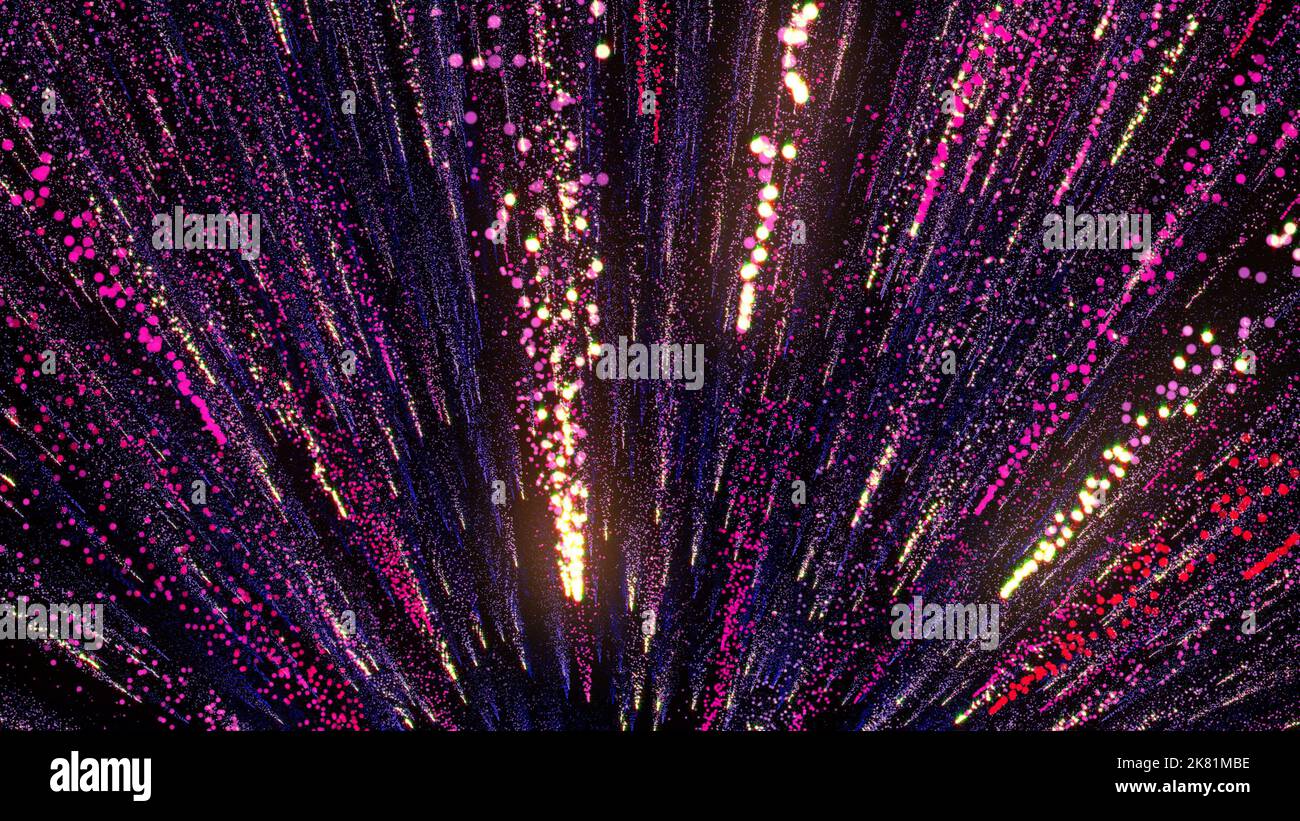 3D rendering of bright multi-colored particles fill the space with jets ...