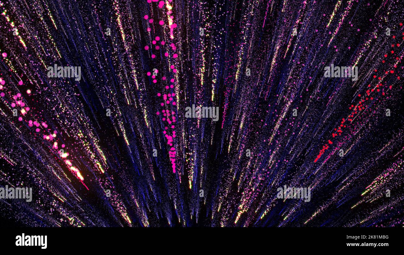 3D rendering of bright multi-colored particles fill the space with jets ...