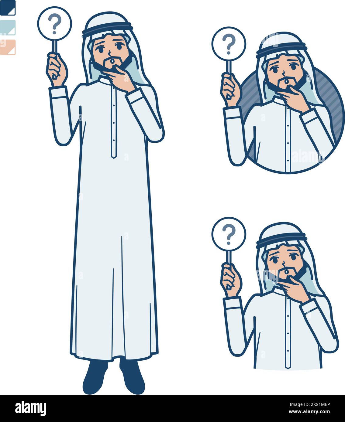A arabian man in white costume with Put out a question panel images.It ...