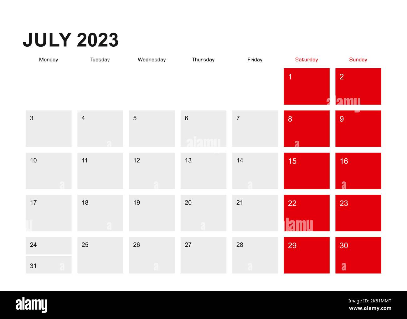 2023 July planner calendar design. Week starts from Monday. Vector ...