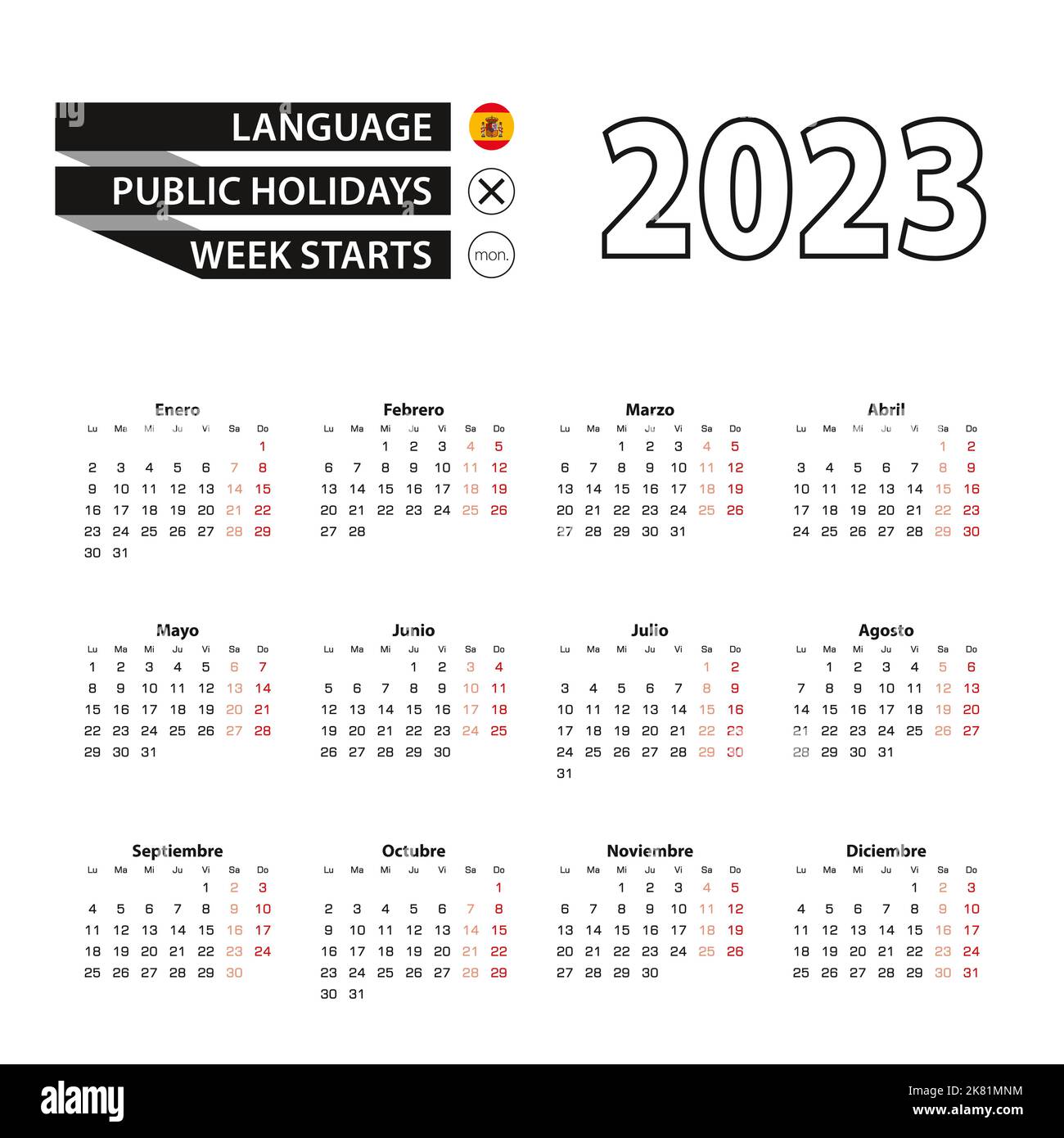 Calendar 2023 in Spanish language, week starts on Monday. Vector ...