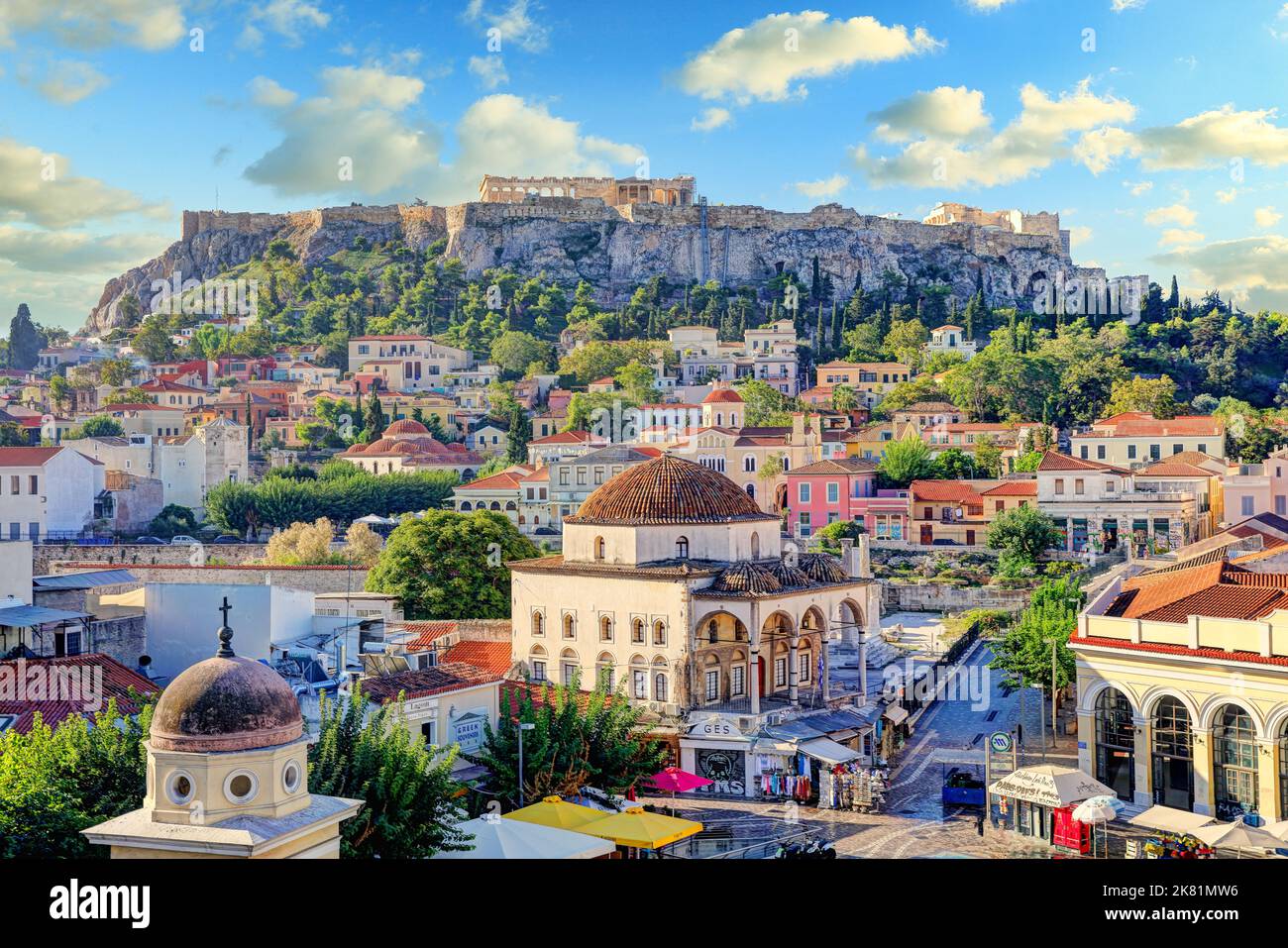 The Monastiraki Square of Athens with Plaka and Acropolis hill, Greece ...