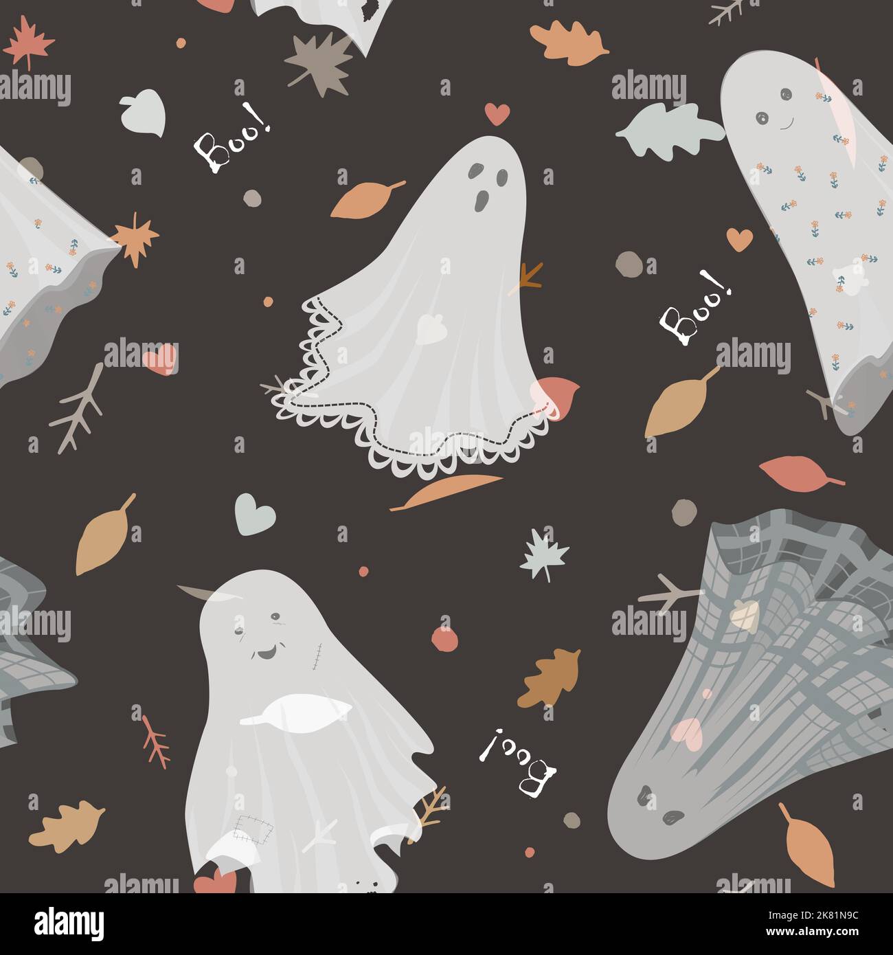 Cute ghost boo holiday character seamless pattern. Vector Halloween illustration on dark ...