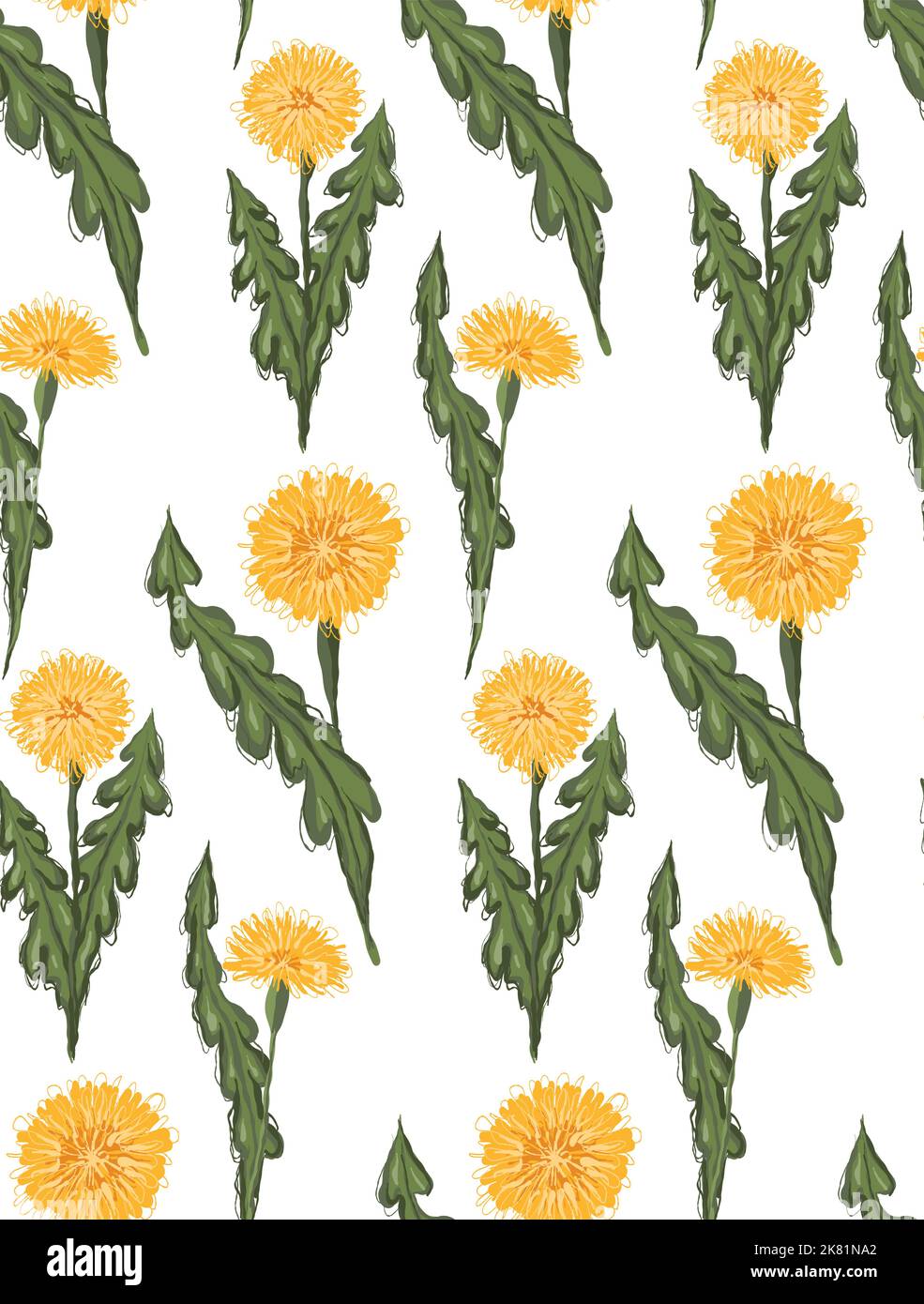 Vector pattern with sketched yellow dandelions with leaves on white ...