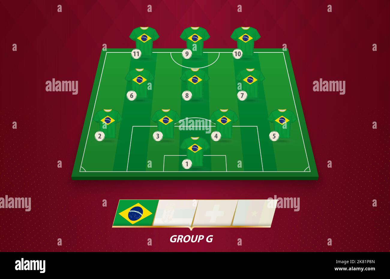 Football field with Brazil team lineup for European competition. Soccer ...