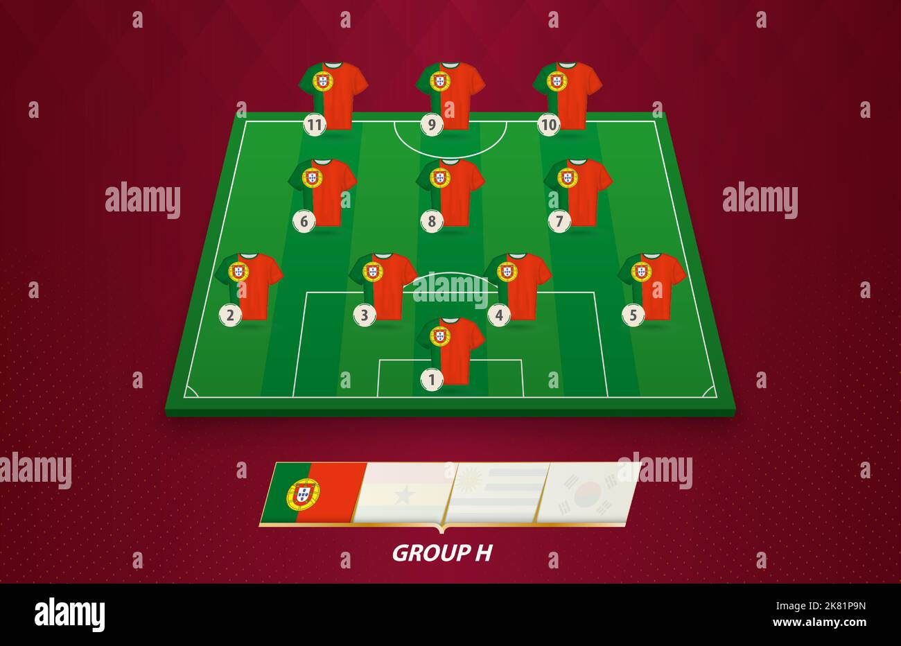 Football field with Portugal team lineup for European competition ...