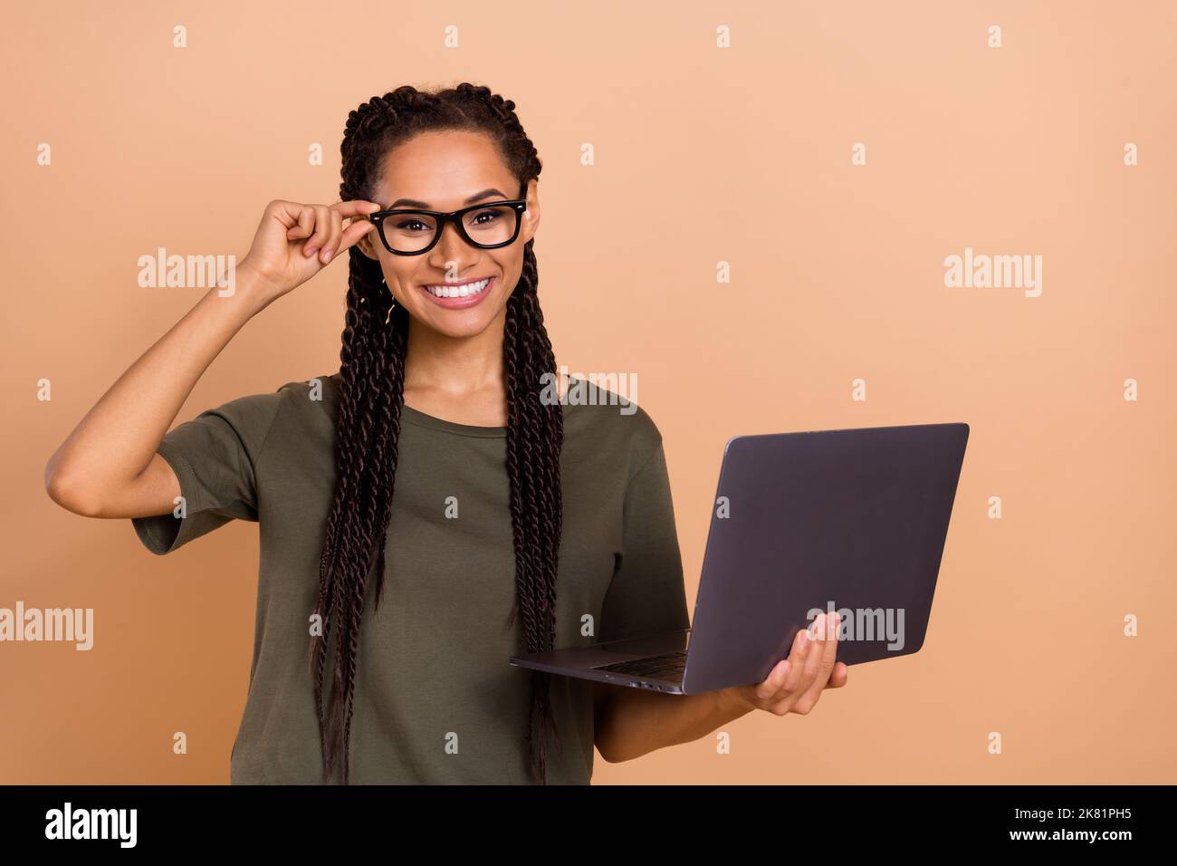 Portrait of cheerful intelligent person hand touch eyeglasses hold ...