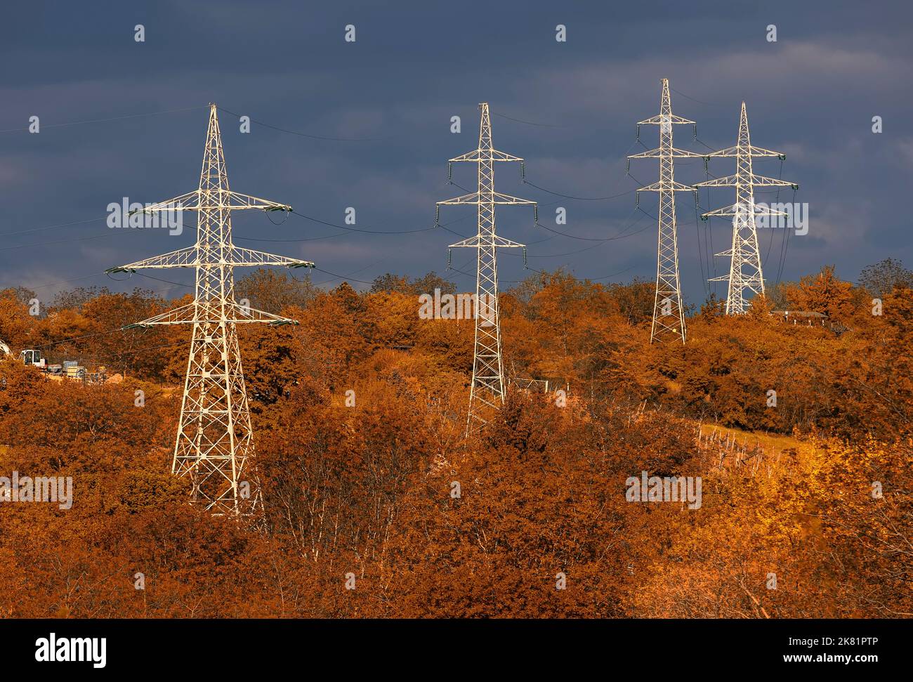 Electric wire pylons in autumn Stock Photo - Alamy