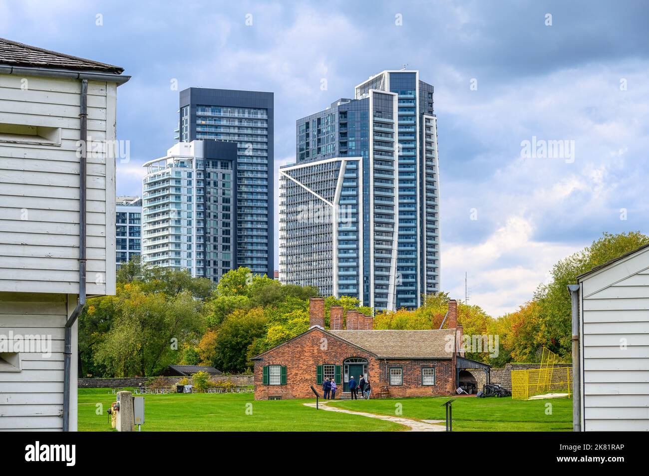 Colonial fortified wall buildings of the garrison contrast with the ...